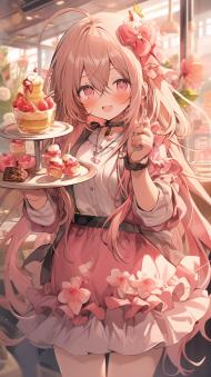 Blonde Anime Girl in Pink Frilly Maid Outfit Holding Tray of Cupcakes ...