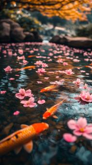 Peaceful Japanese Garden Pond with Cherry Blossoms and Koi Fish at ...